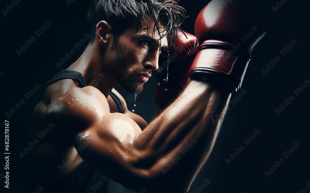 Male boxer wears boxing gloves and practices fighting hard sweating all ...