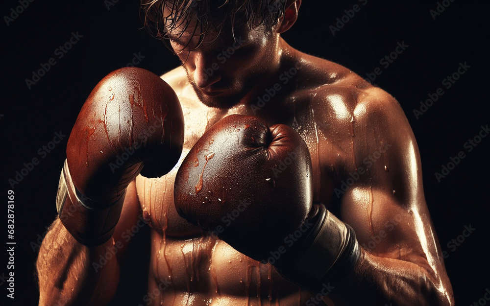 Male boxer wears boxing gloves and practices fighting hard sweating all ...