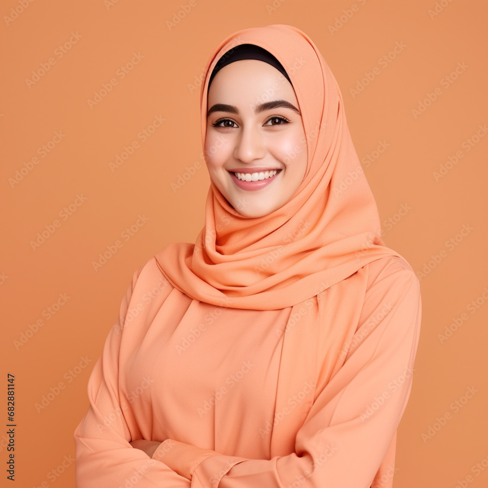 Young arabian asian muslim woman wear orange abaya hijab hold hands ...