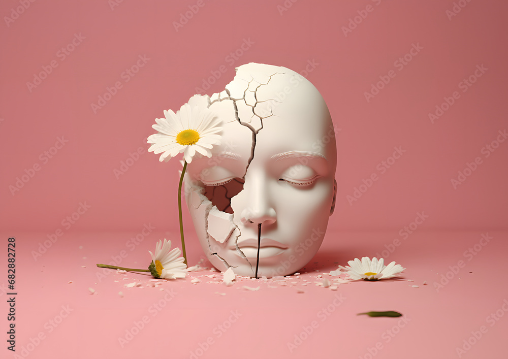 Plaster mask, a cast of a woman's face, decorated with spring flowers ...
