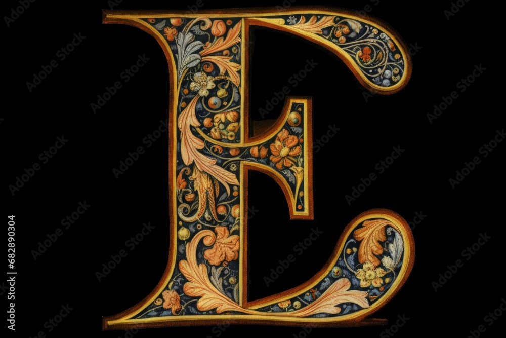 letter e, medieval manuscript style, on black background Stock ...