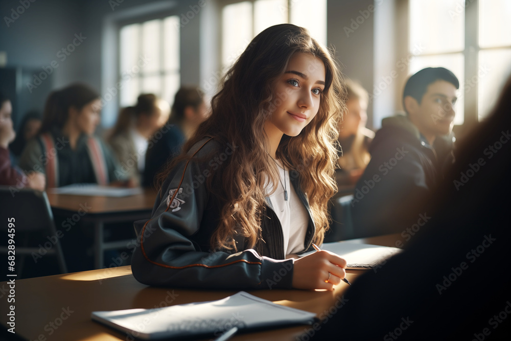 Young girl at school in a lesson class. Girl at the desk in a classroom ...