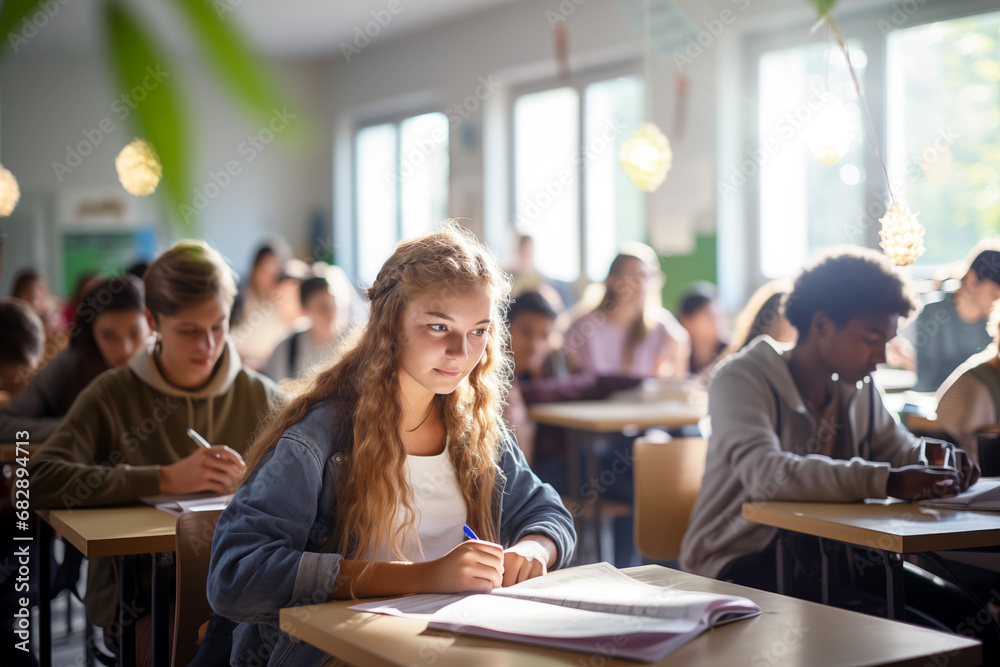 Young girl at school in a lesson class. Girl at the desk in a classroom ...