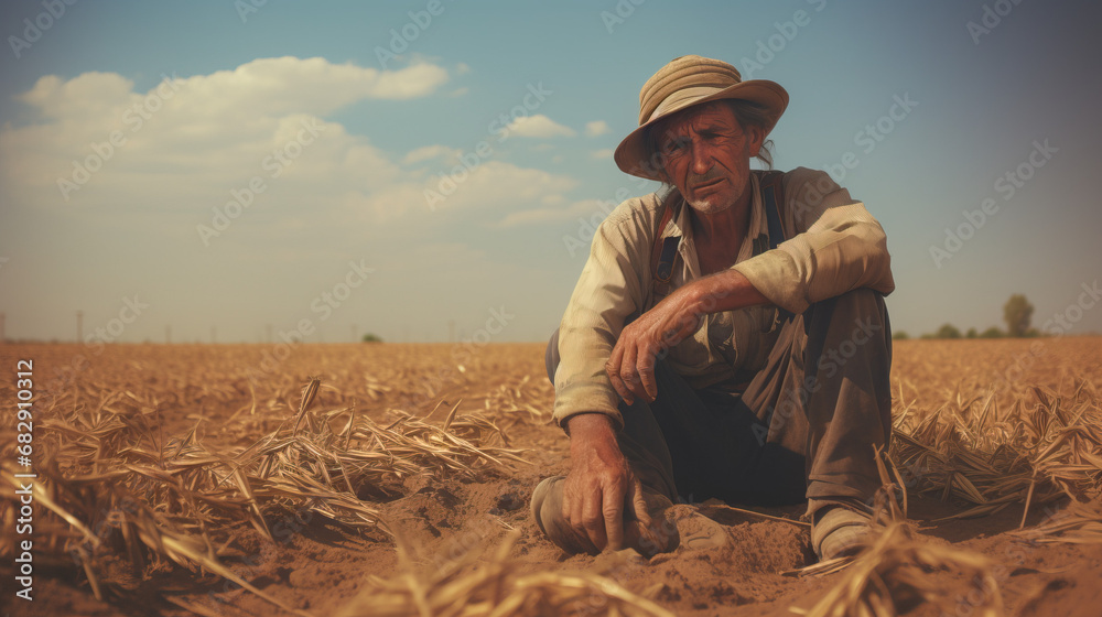 Sad Farmer in field with drought and dead crops. Concept of ...