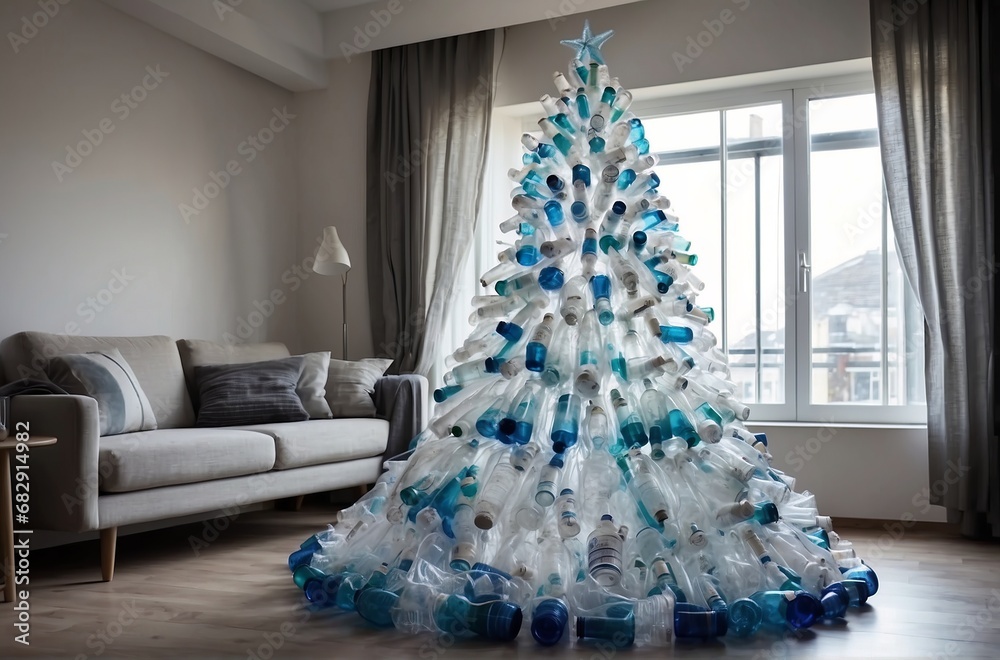 Christmas tree made from recycled plastic bottles with decorations ...
