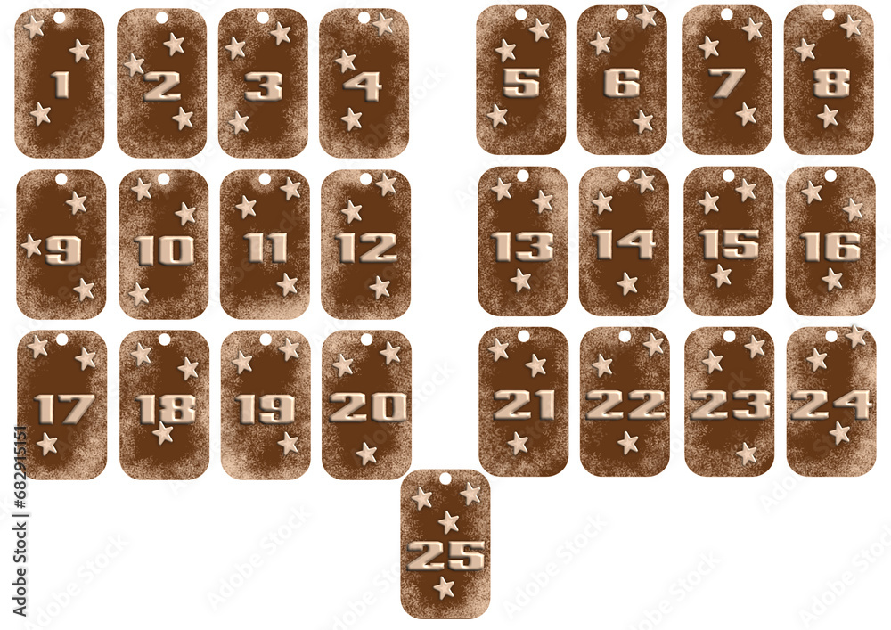 25 Christmas advent calendar labels - brown colour, size 3x5 mm ...