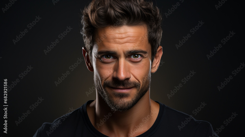 Portrait of good-looking and attractive man looking at the camera and ...