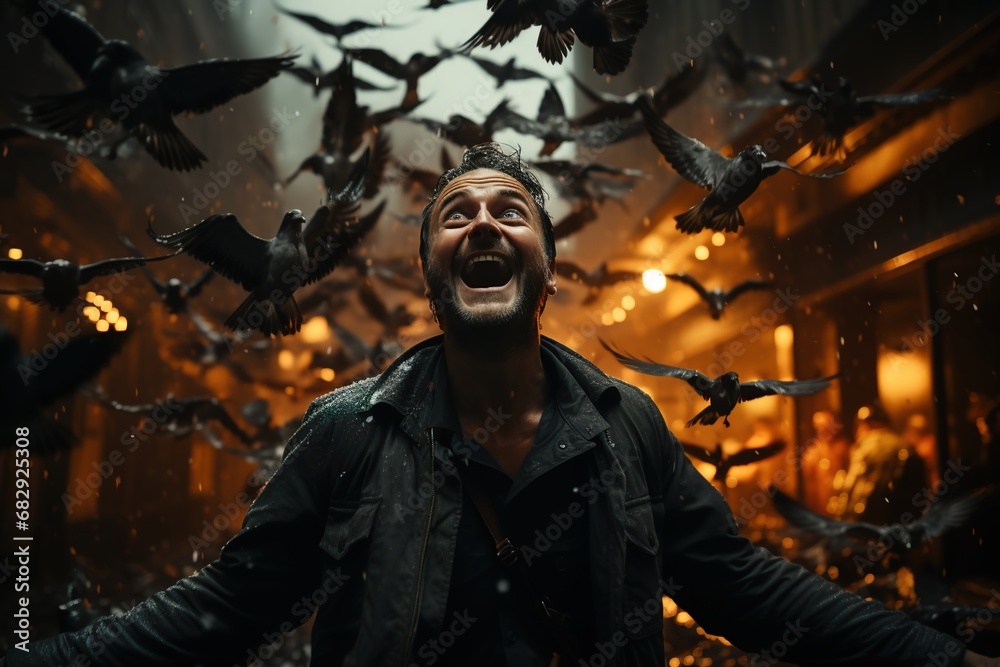 Man shouting for help as he is attacked by a bunch of scary crows Stock ...