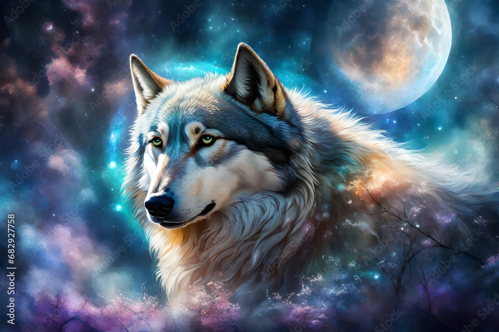 spiritual mystic wolf over ethereal dreamy tender background like ...