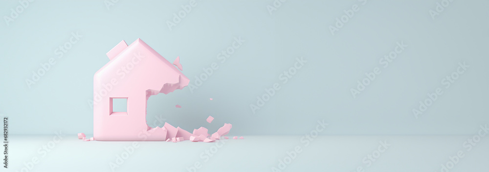 Destroyed house icon.3D pastel color. Concept for family breakup ...