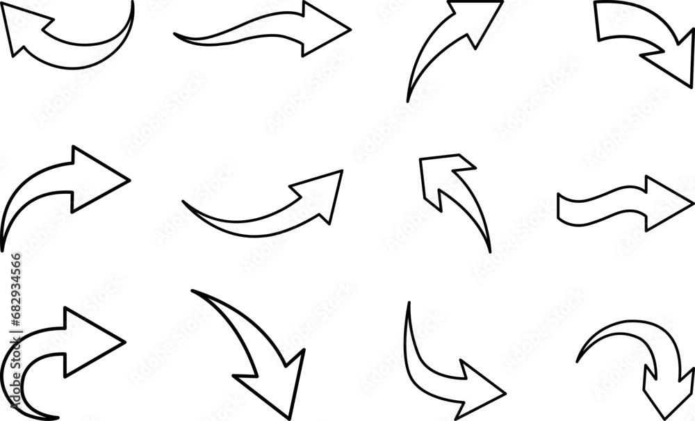 Set of Curved Vector Arrows. Different Arrow Icons with Bends in ...