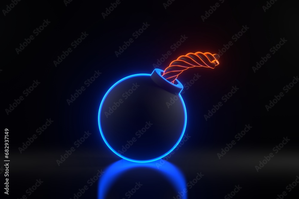 Spherical bomb with bright glowing futuristic blue and orange neon ...