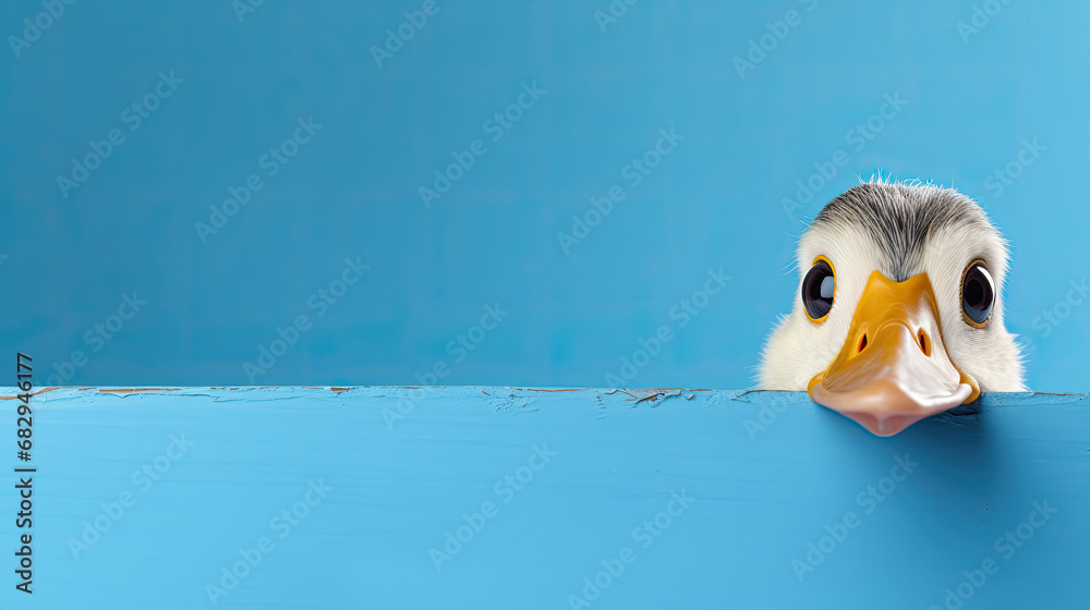 duck peeking around a corner, blue background, place for a text Stock ...