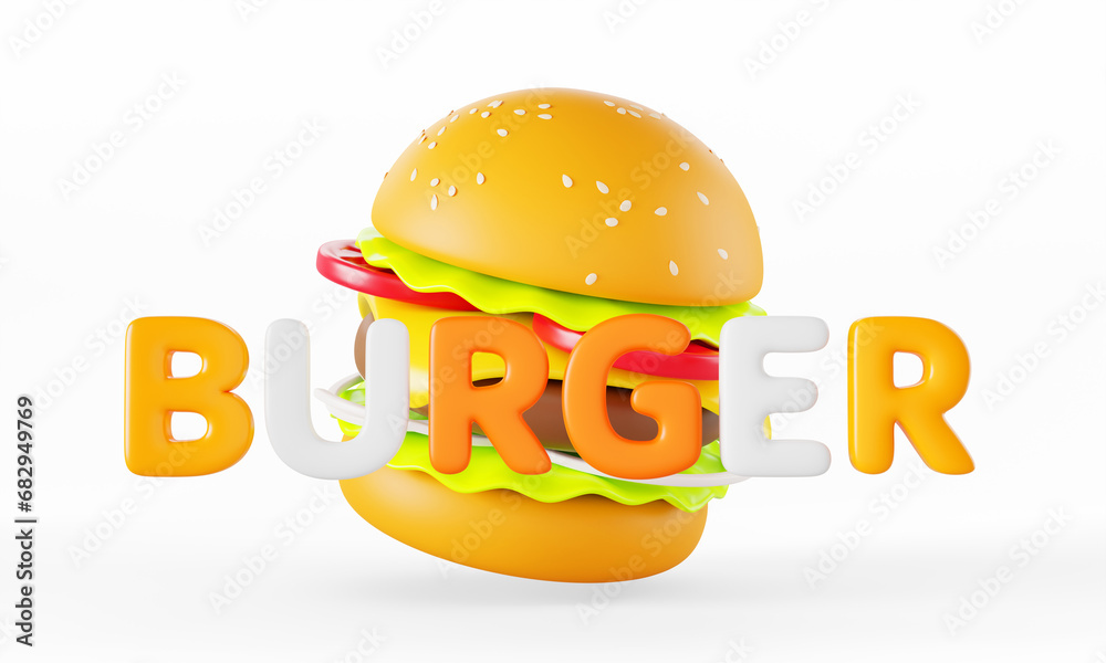 Burger 3d text with tasty hamburger banner mockup. Fast food meal menu ...