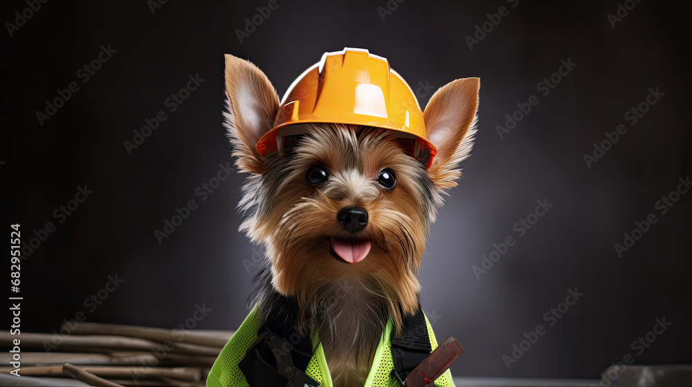 Yorkie dog wearing hard hat and safety vest as a construction worker ...