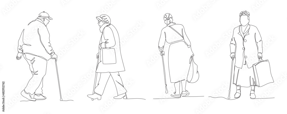 Senior people walking with canes. 4 people set. Black single line ...