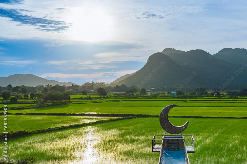 Beautiful crescent moon chair made of rattan for relaxation on bridge ...