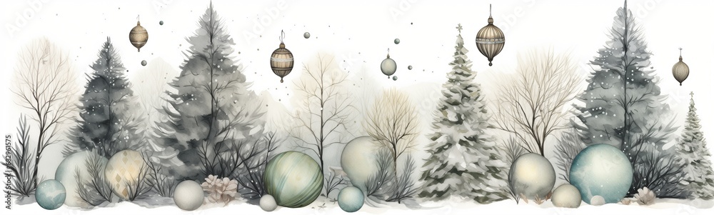 Forest in winter ornament page divider, frame or border, snow and ...
