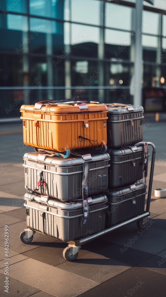 Luggage cart loaded with suitcases at the airport terminal with planes ...