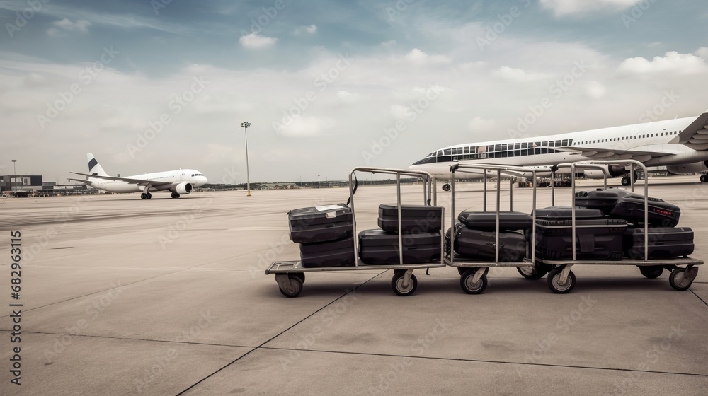 Luggage cart loaded with suitcases at the airport terminal with planes ...