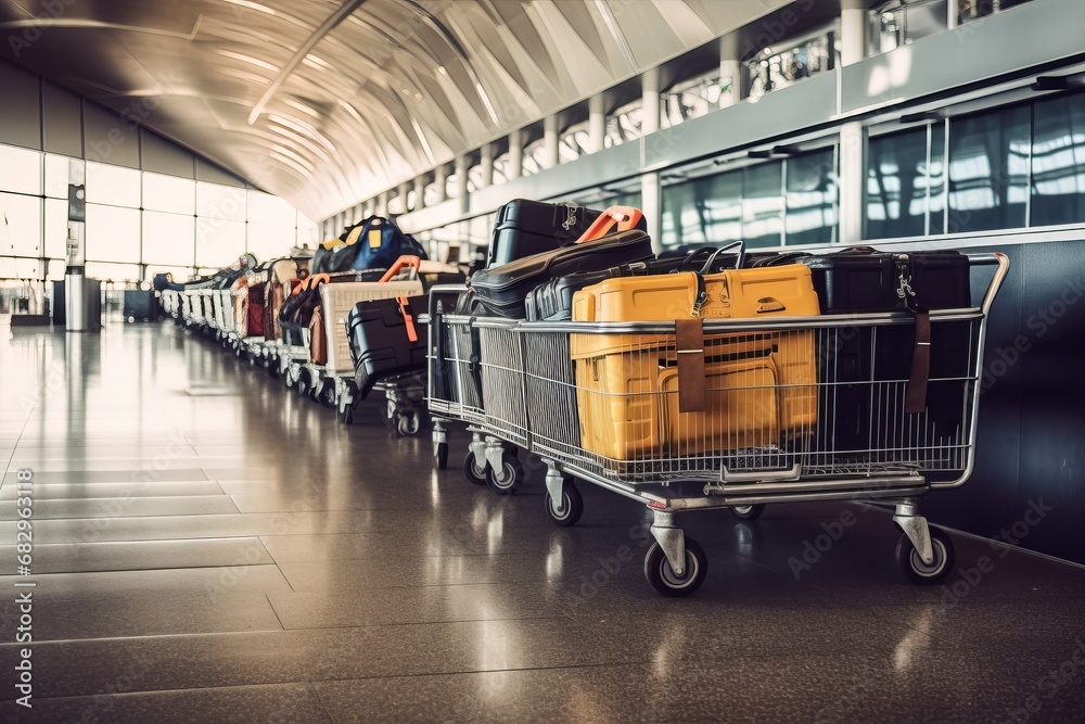 Luggage cart loaded with suitcases at the airport terminal with planes ...