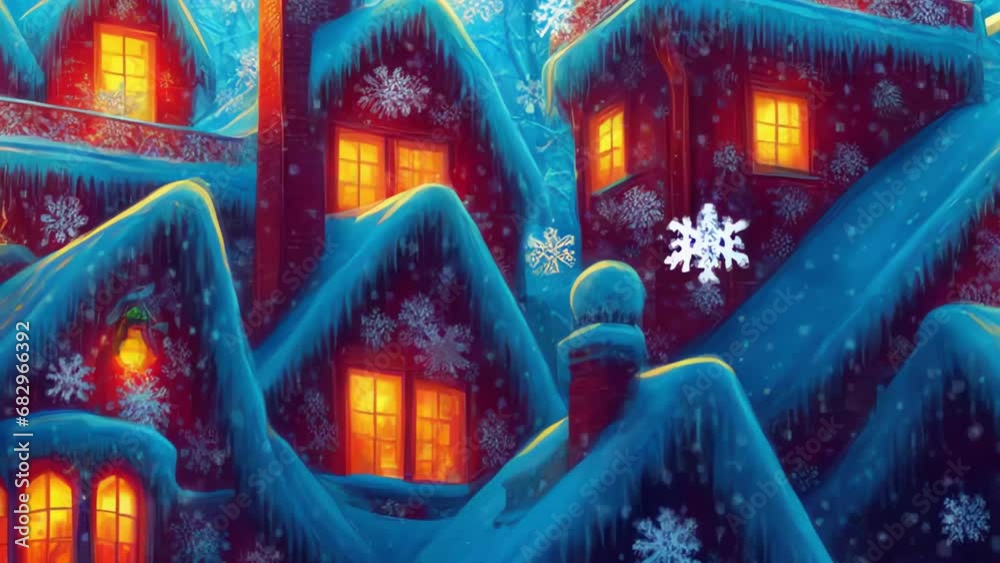 Vibrant snowy Christmas scenery, Christmas village with winter market ...