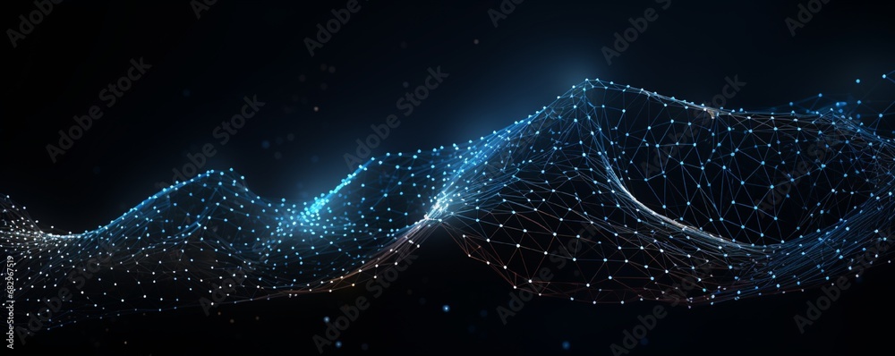 Abstract wave of digital weave lines connecting network dots and dark ...