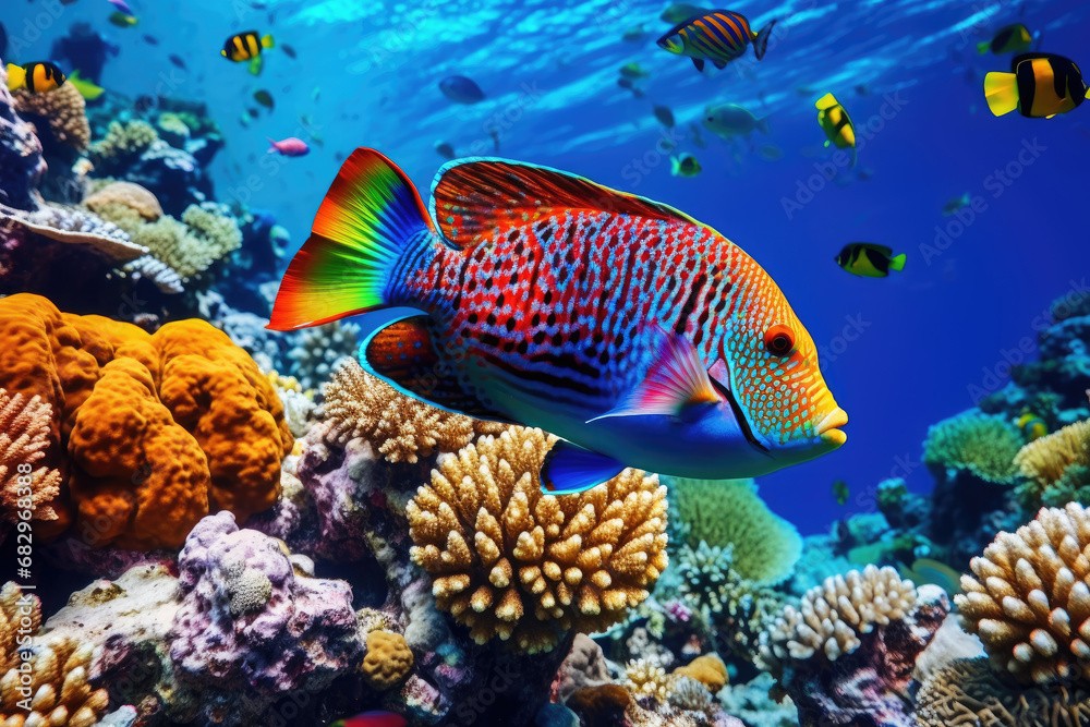 Underwater with colorful sea life fishes and plant at seabed background ...