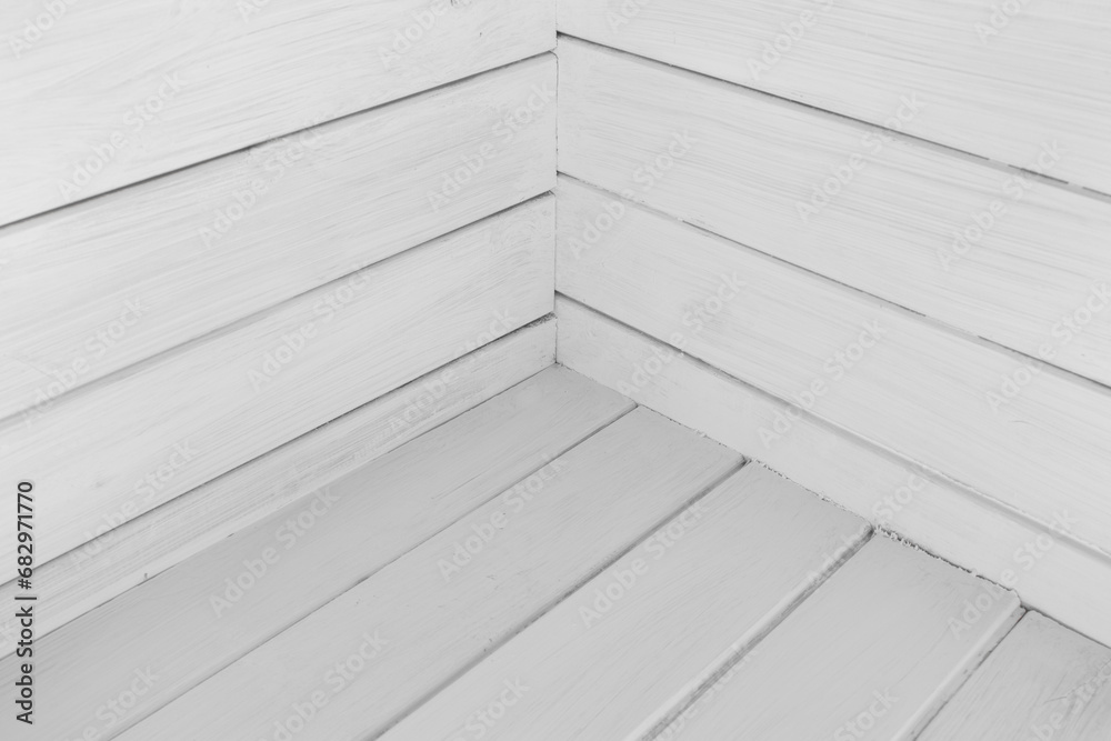 Wooden white boards corner plank joint interior part sample wall ...