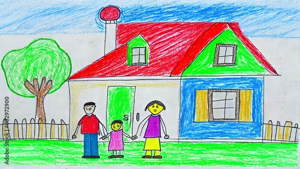 Colorful child's drawing: a charming house and a happy family, rendered ...