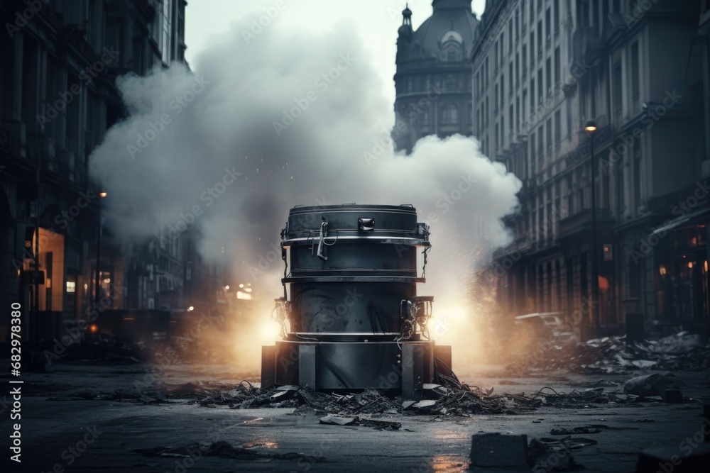 A black trash can sitting on top of a pile of rubble. This image can be ...