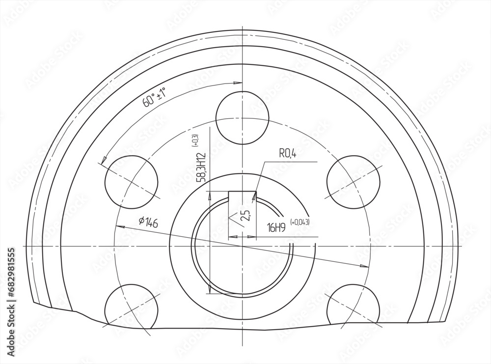 Vector engineering cad drawing of a mechanical part (steel wheel) with ...