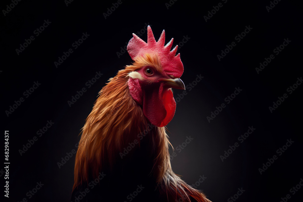 portrait of a rooster isolated on black background with copy space. ai ...