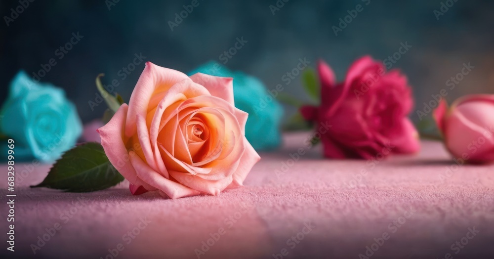 a group of pink and blue roses laying on a pink surface with one pink ...