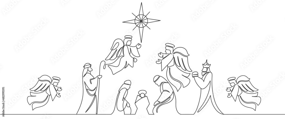 line art drawing. Bible Merry christmas scene of holy family. Vector ...