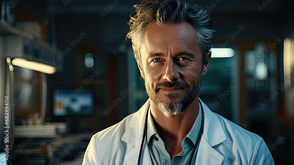 Smiling Male Doctor, Dressed in a Crisp White Coat, Exuding a Powerful ...