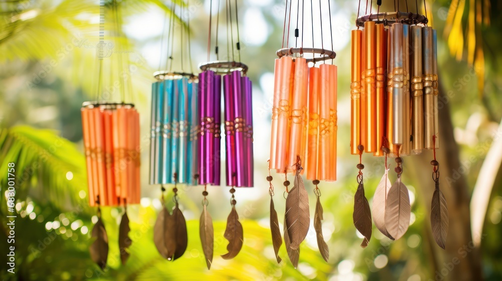 a wind chime hanging from a tree filled with lots of different colored ...
