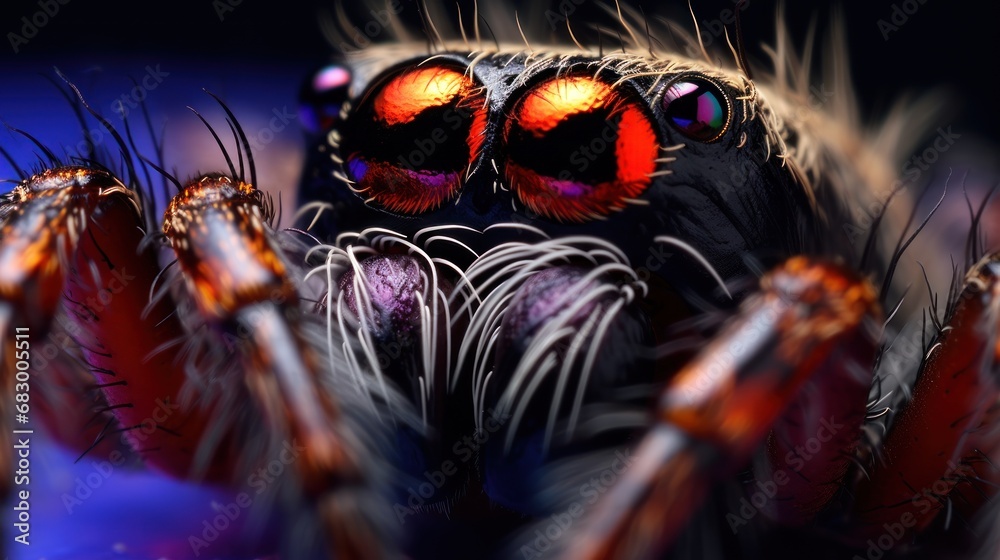 a close up of a spider with red eyes and a black body with orange and ...