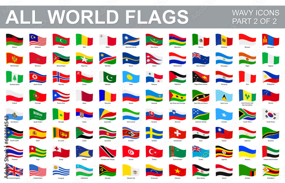 All world flags - vector set of waveform flat icons. Part 2 of 2 Stock ...