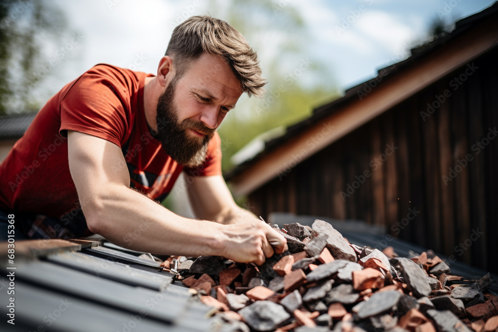 fresh and pure human with main focus is on a roof that has been damaged ...