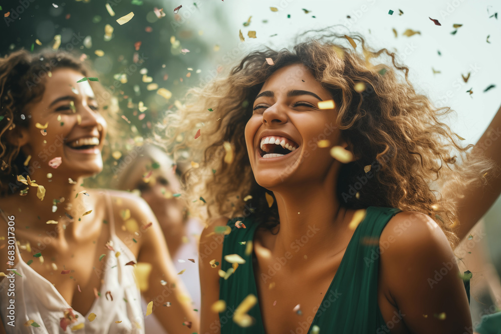 Exuberant young women laughing amidst a cascade of confetti in outdoor ...