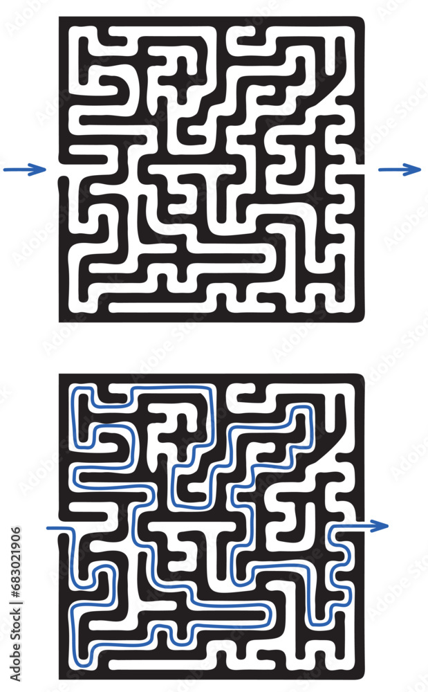 Vector rectangular labyrinth with entry and exit. Difficulty level - medium. Maze inside cave ...