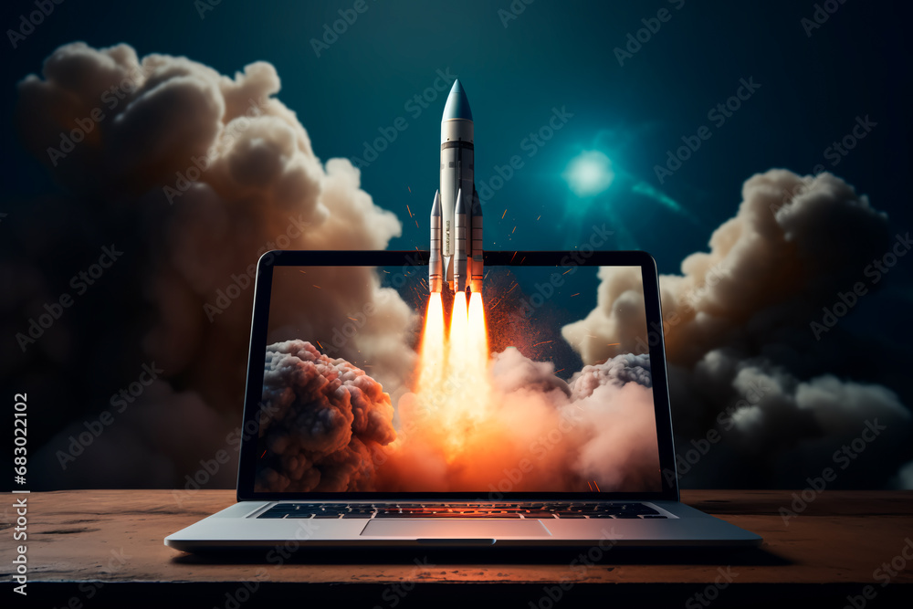 Cartoon illustration: Rocket emerging from a laptop screen. Bright and ...