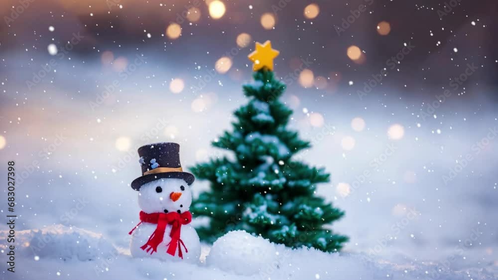 little snowman and Christmas tree on the snow with Christmas decoration ...