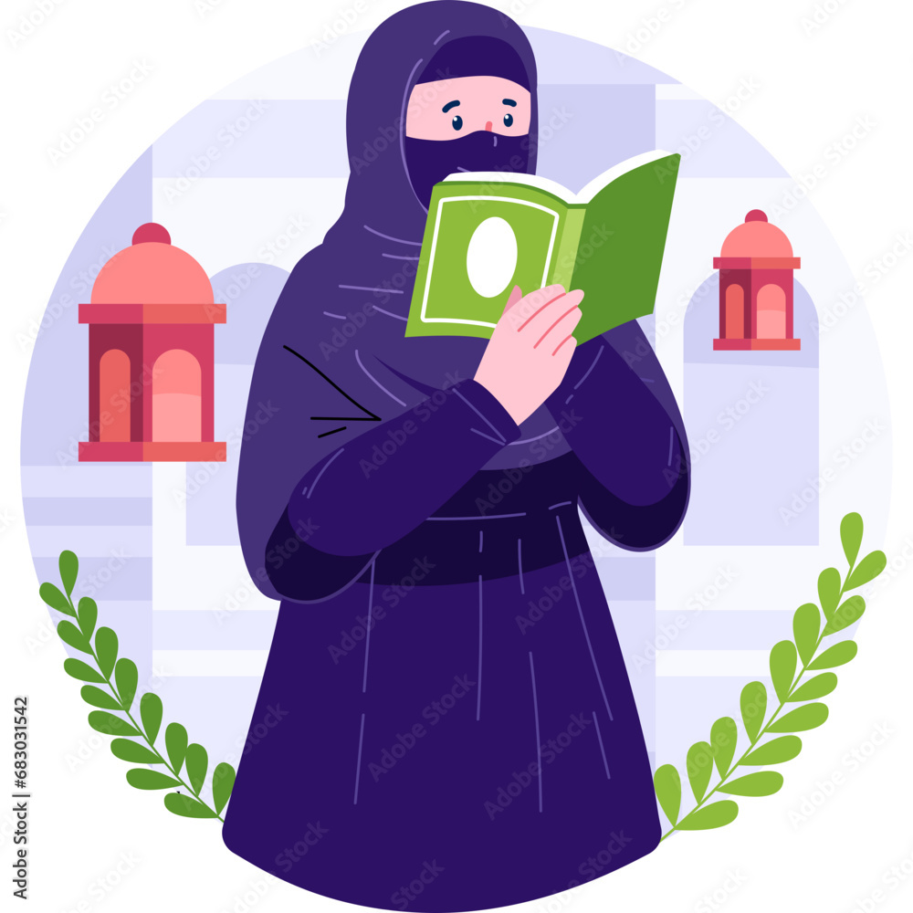 An elegant Muslim woman vector character, adorned in modest Islamic ...