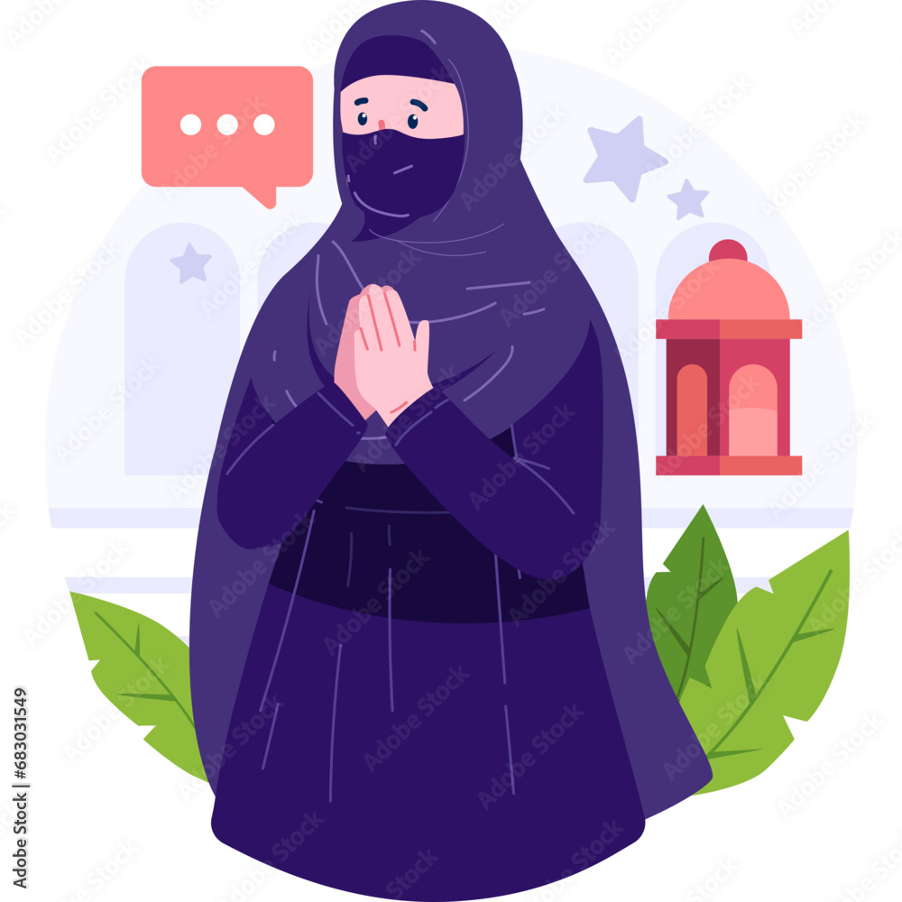 An elegant Muslim woman vector character, adorned in modest Islamic ...