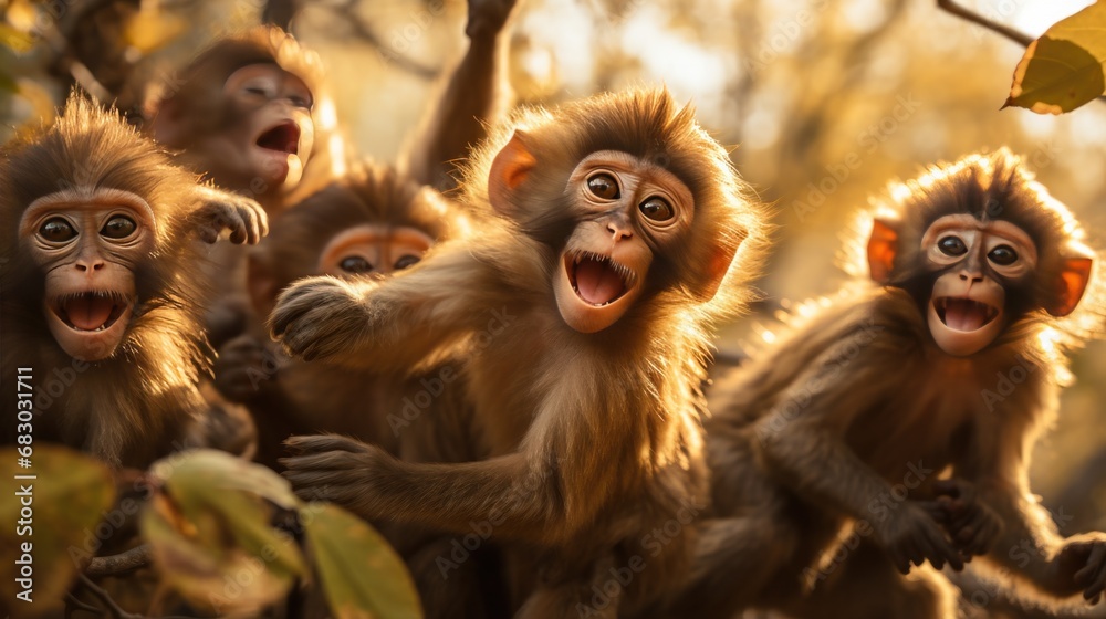 monkeys swinging from tree to tree, their furry bodies and long tails ...