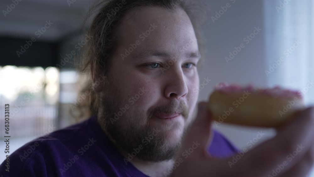 One fat man wanting to eat junk food holding donut in hand. Overweight ...