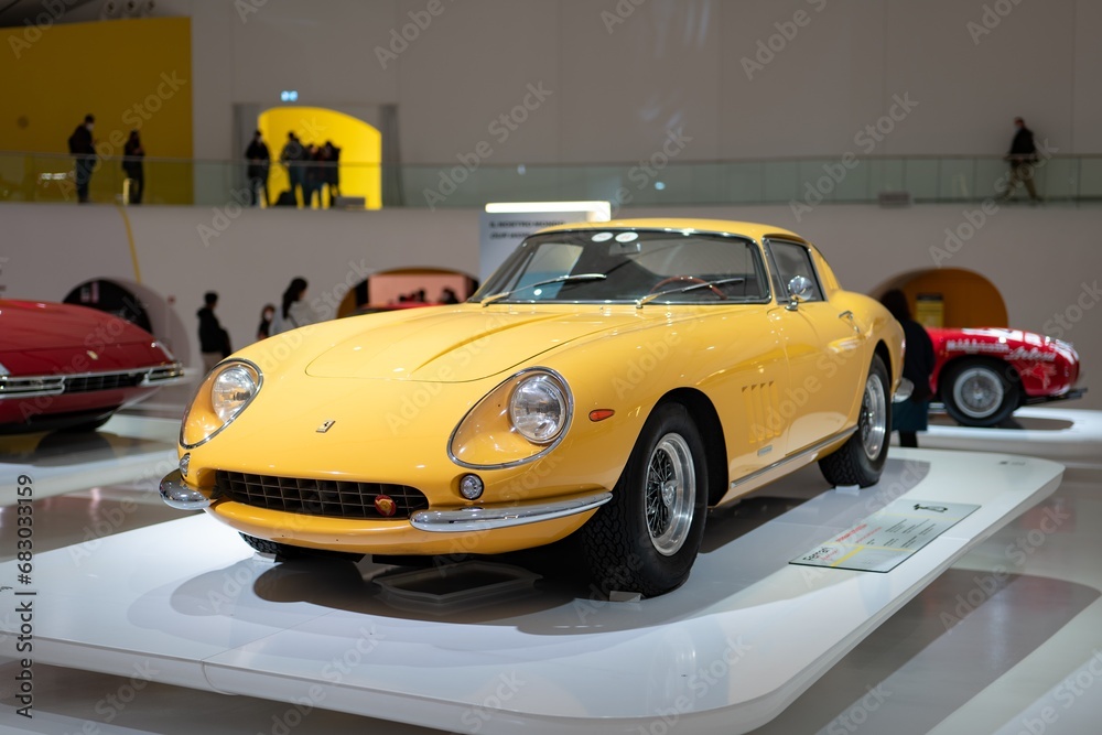 Yellow Ferrari 275 GTB 4 vintage retro vehicle in Enzo Ferrari Museum ...