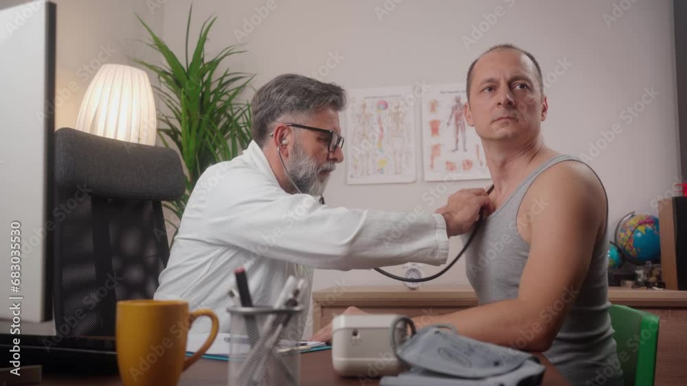 Male doctor listening to his patient's chest with a stethoscope. Male ...